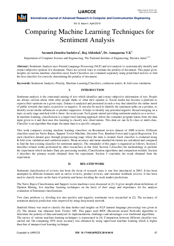 Pdf Comparing Machine Learning Techniques For Sentiment Analysis