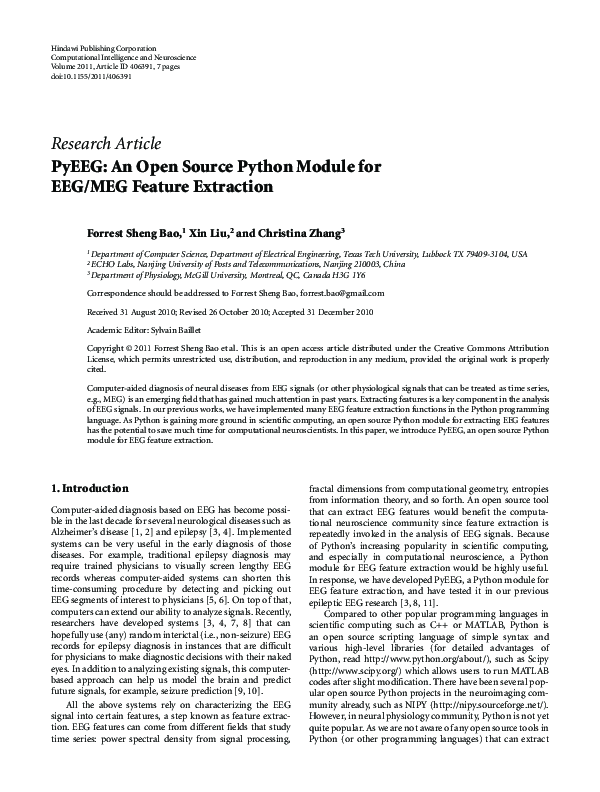 Pdf Pyeeg An Open Source Python Module For Eeg Meg Feature Extraction