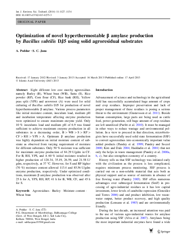 (PDF) Optimization of novel hyperthermostable β amylase production by Bacillus subtilis DJ5 ...