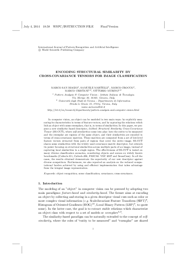 Pdf Encoding Structural Similarity By Cross Covariance Tensors For Image Classification