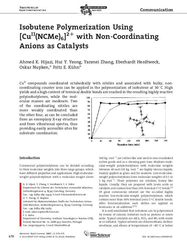 (PDF) Isobutene Polymerization Using [CuII(NCMe)6]2+ with Non ...