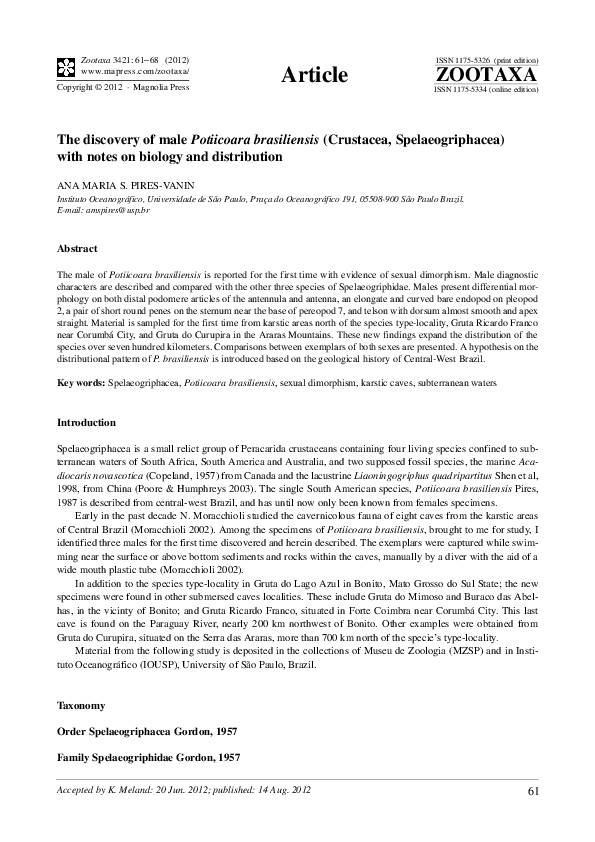 (PDF) The discovery of male Potiicoara brasiliensis (Crustacea ...