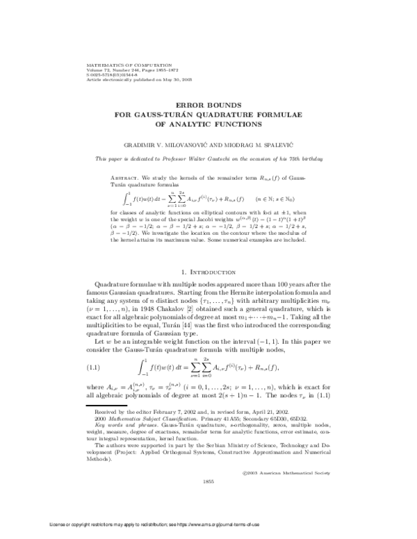 (PDF) Error bounds for Gauss-Turán quadrature formulae of analytic functions | Miodrag M ...