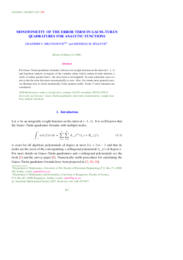 (PDF) Monotonicity of the error term in Gauss-Turán quadratures for analytic function | Miodrag ...