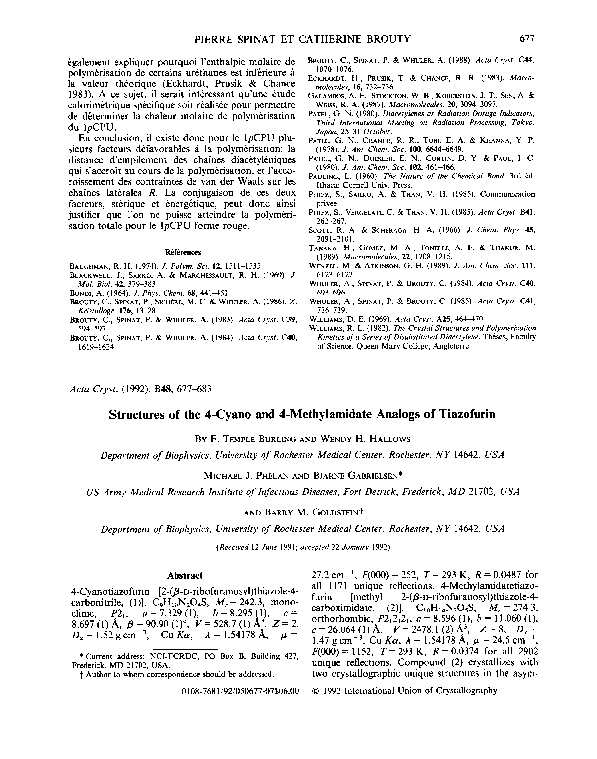 (PDF) Structures of the 4-cyano and 4-methylamidate analogs of tiazofurin