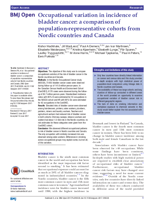 (PDF) Occupational variation in incidence of bladder cancer: a ...