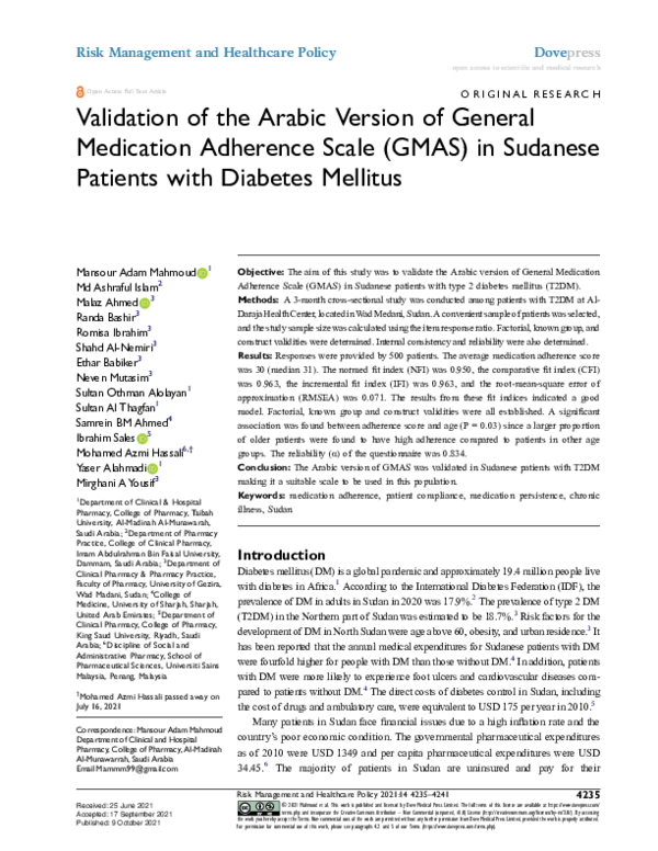 (PDF) Validation of the Arabic Version of General Medication Adherence ...