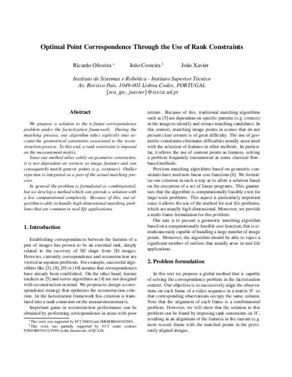 (PDF) Optimal point correspondence through the use of rank constraints