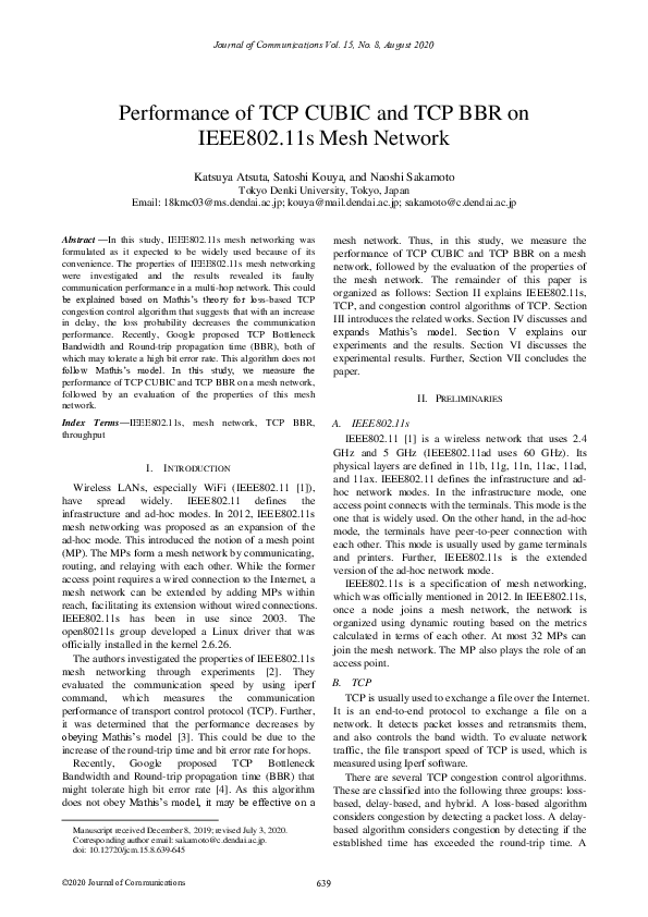 (PDF) Performance of TCP CUBIC and TCP BBR on IEEE802.11s Mesh Network