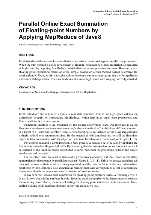 (PDF) Parallel Online Exact Summation of Floating-point Numbers by Applying MapReduce of Java8