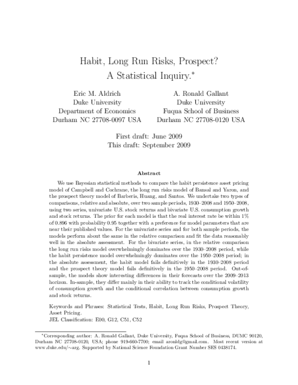 (PDF) Habit, Long-Run Risks, Prospect? A Statistical Inquiry
