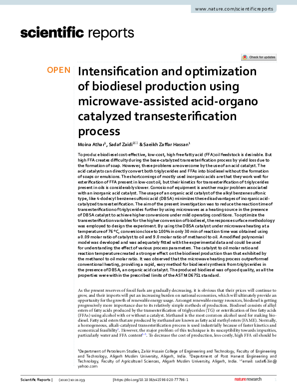 (PDF) Intensification and optimization of biodiesel production using microwave-assisted acid ...