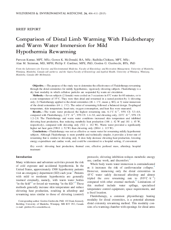 (PDF) Comparison of Distal Limb Warming With Fluidotherapy and Warm Water Immersion for Mild ...