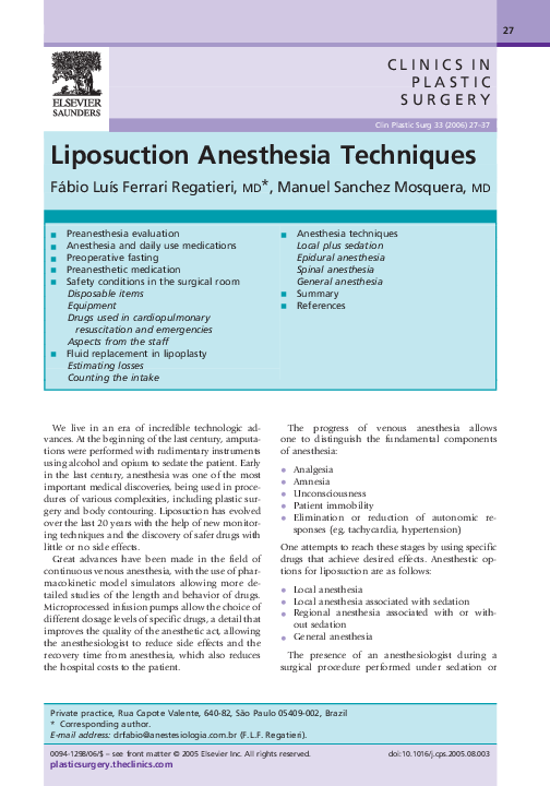 (PDF) Liposuction Anesthesia Techniques
