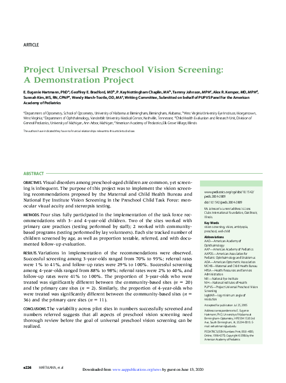 (PDF) Project Universal Preschool Vision Screening: A Demonstration Project