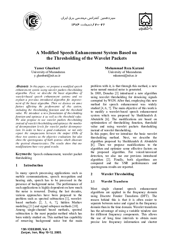 (PDF) A Modified Speech Enhancement System Based on the Thresholding of the Wavelet Packets