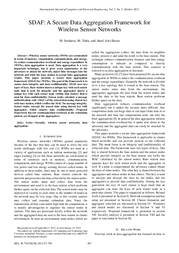 Pdf Sdaf Secure Data Aggregation In Wsns