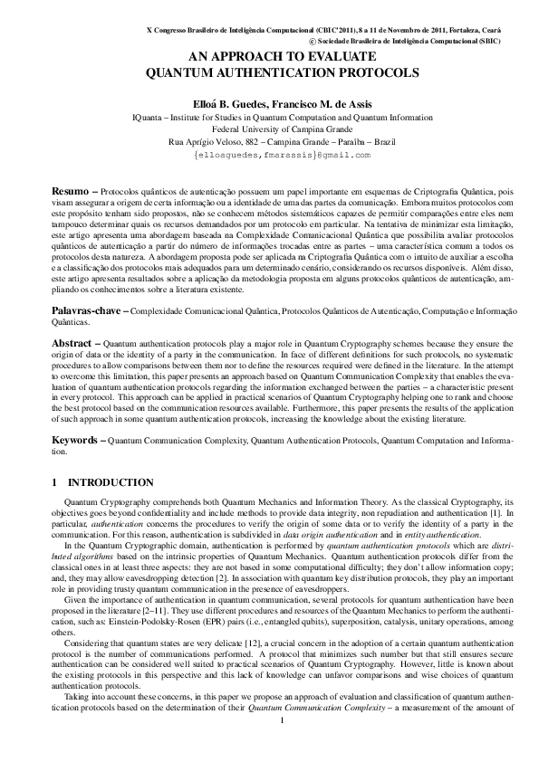 (PDF) An Approach To Evaluate Quantum Authentication Protocols