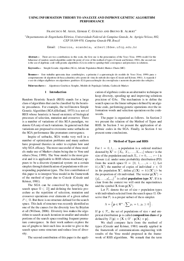(PDF) Using Information Theory To Analyze And Improve Genetic Algorithm Performance
