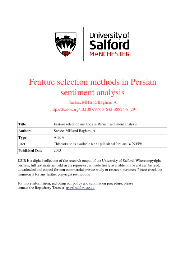 (PDF) Feature Selection Methods in Persian Sentiment Analysis | Professor Mo Saraee - Academia.edu