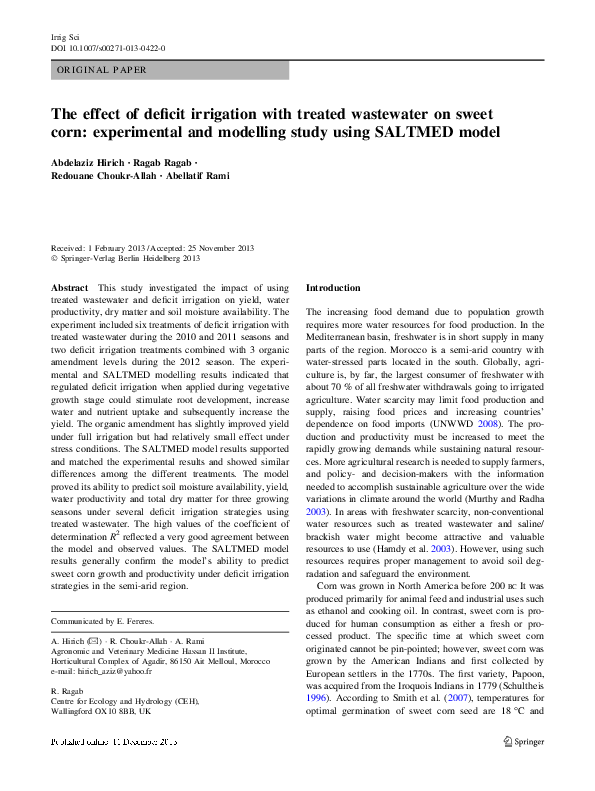 (PDF) Deficit Irrigation with Wastewater on Sweet Corn