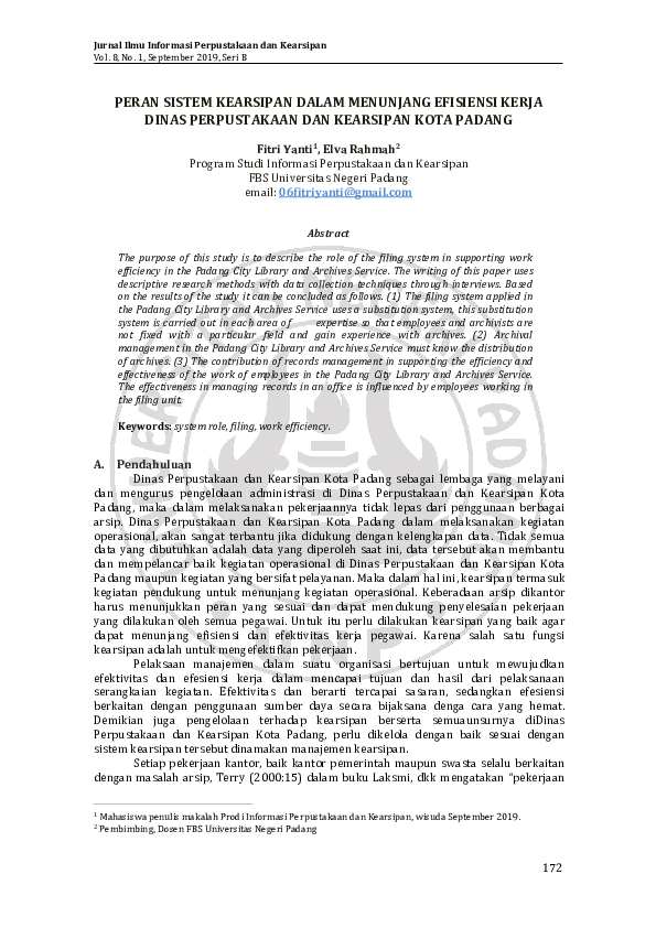 (PDF) Peran Sistem Kearsipan dalam Menunjang Efisiensi Kerja Dinas Perpustakaan dan Kearsipan ...