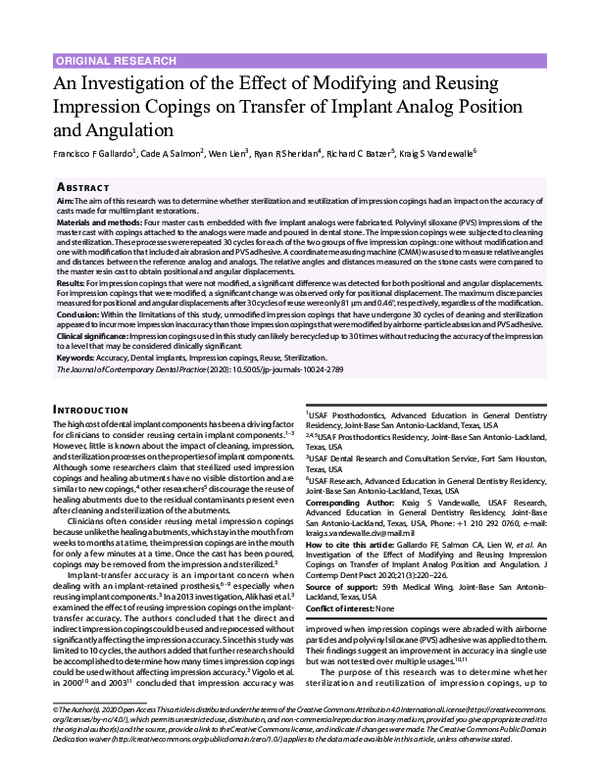 (PDF) An Investigation of the Effect of Modifying and Reusing Impression Copings on Transfer of ...