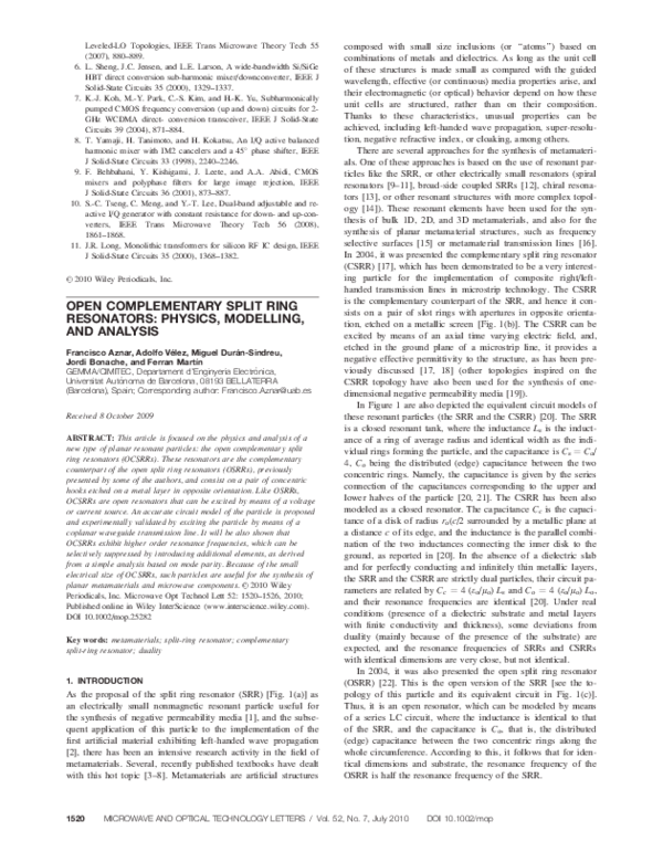 (PDF) Open complementary split ring resonators: Physics, modelling, and ...