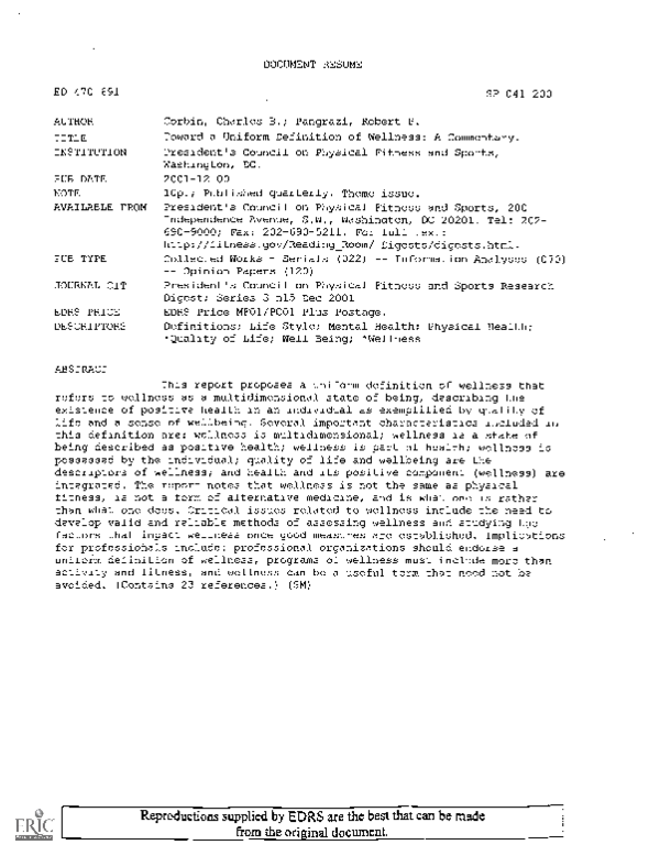 (PDF) Toward a Uniform Definition of Wellness: A Commentary