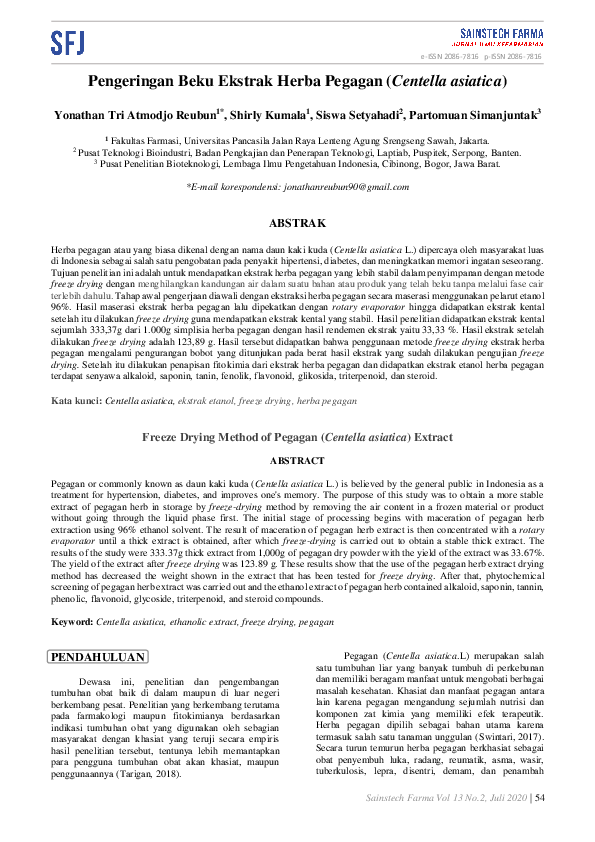 (PDF) Pengeringan Beku Ekstrak Herba Pegagan (Centella asiatica