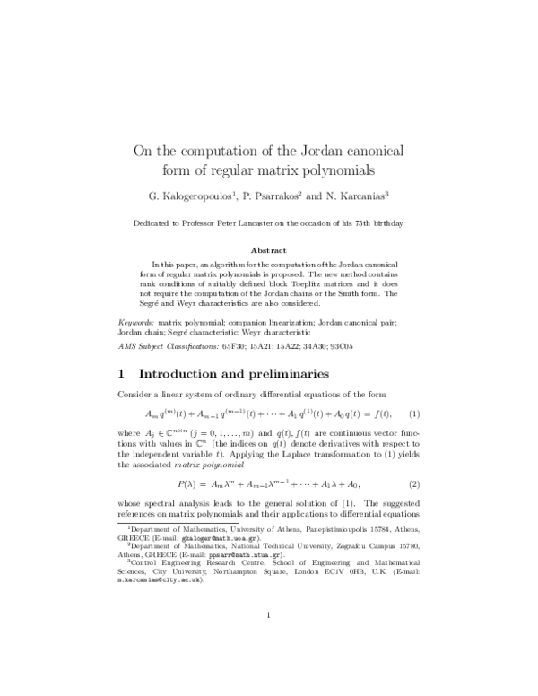 Pdf On The Computation Of The Jordan Canonical Form Of Regular Matrix