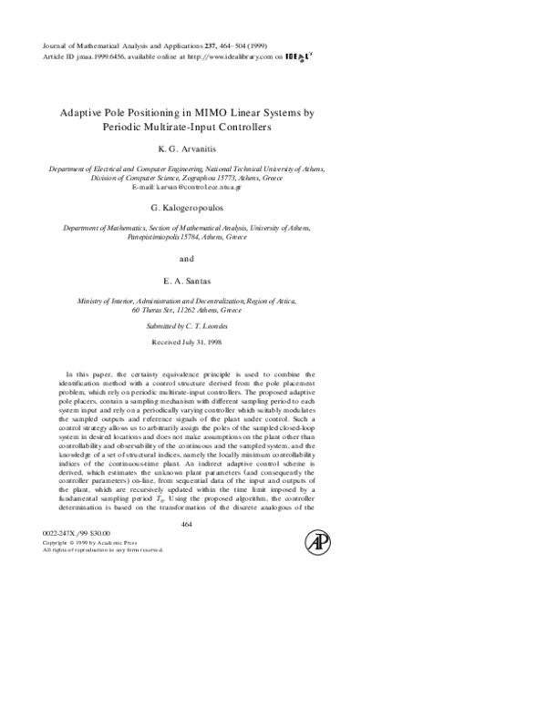 Pdf Adaptive Pole Positioning In Mimo Linear Systems By Periodic Multirate Input Controllers