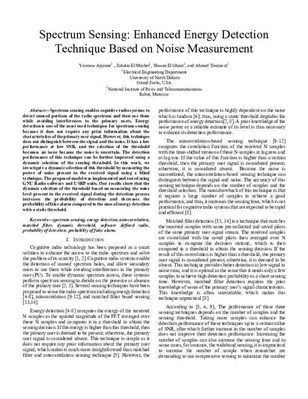Pdf Spectrum Sensing Enhanced Energy Detection Technique Based On Noise Measurement
