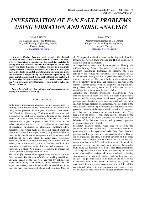 (PDF) Investigation of fan fault problems using vibration and noise ...