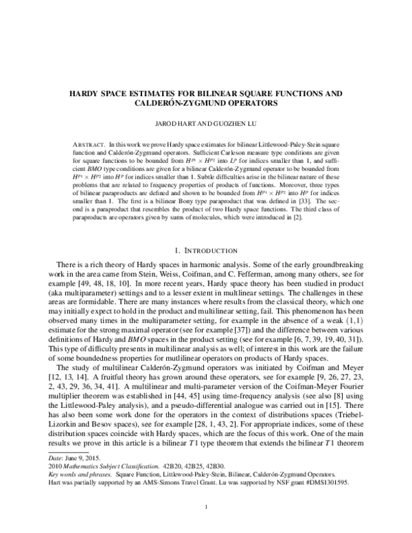 (PDF) Hardy space estimates for bilinear square functions and Calderon ...