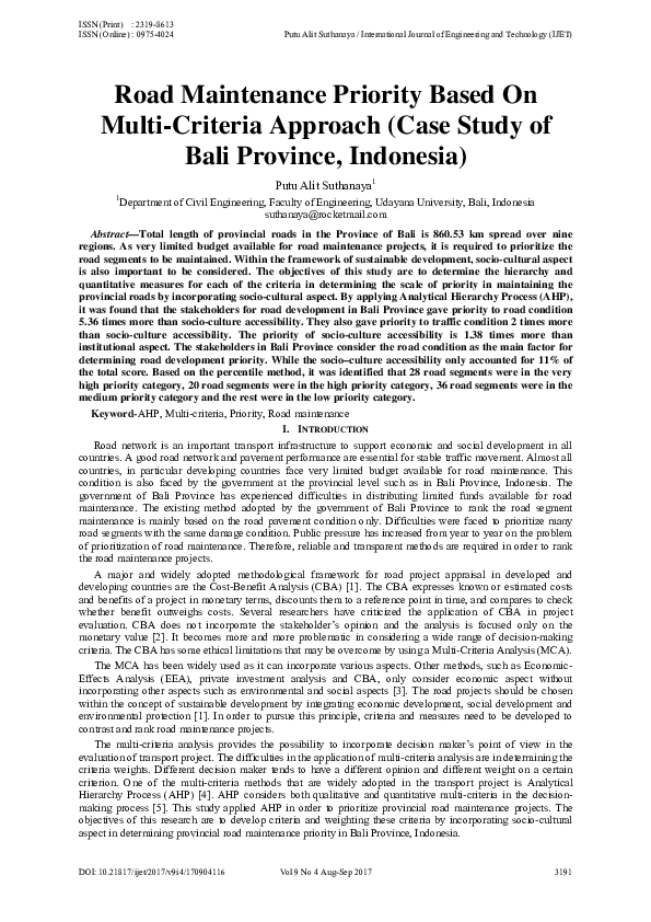(PDF) Road Maintenance Priority Based On Multi-Criteria Approach (Case ...