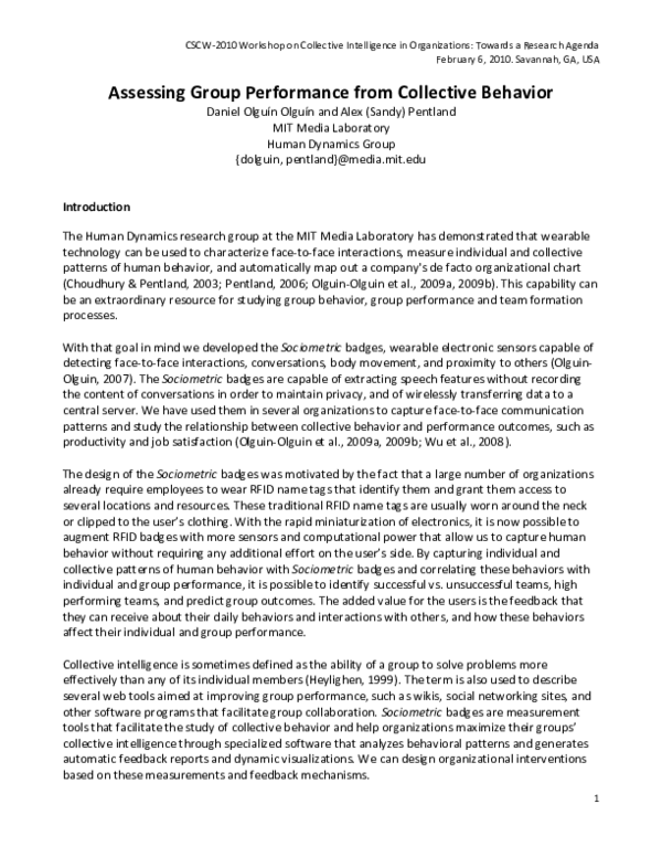 (PDF) Assessing group performance from collective behavior