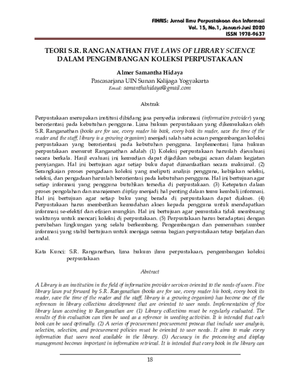 (PDF) Teori S.R. Ranganathan Five Laws of Library Science Dalam ...