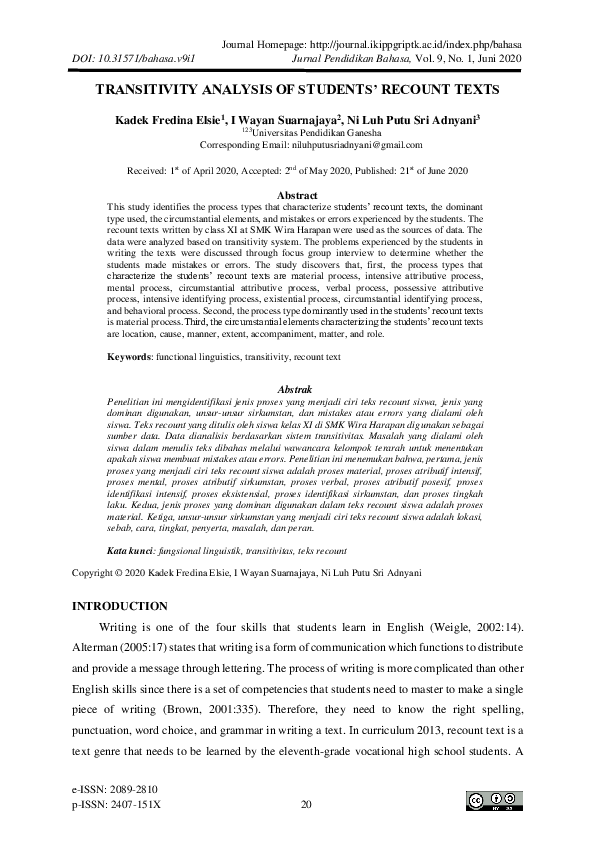 (PDF) Transitivity Analysis of Students’ Recount Texts