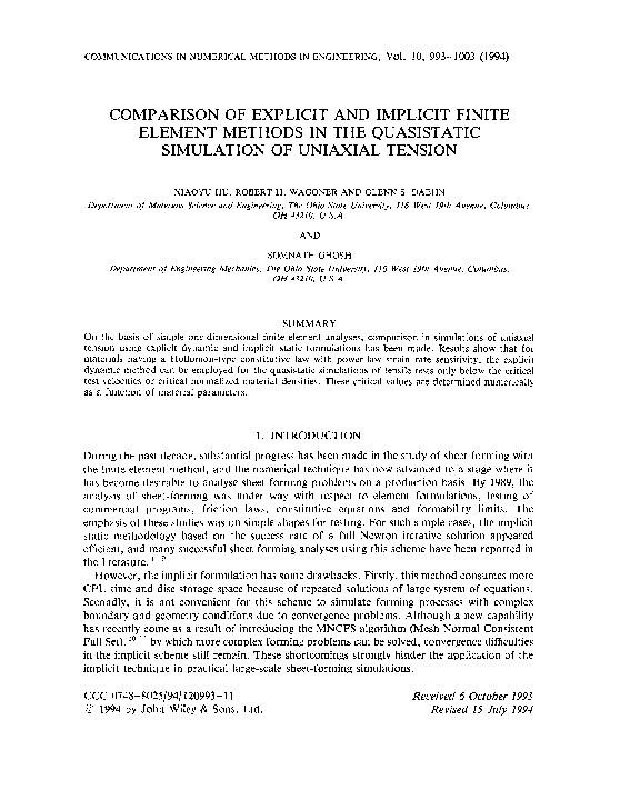 Pdf Comparison Of Explicit And Implicit Finite Element Methods In The Quasistatic Simulation