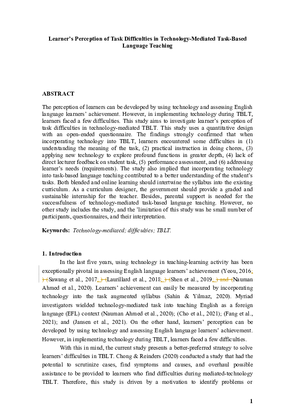 (DOC) Learner's Perception of Task Difficulties in Technology-Mediated Task-Based Language Teaching