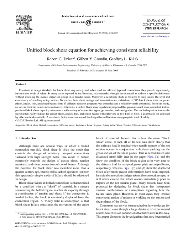 (PDF) Unified block shear equation for achieving consistent reliability