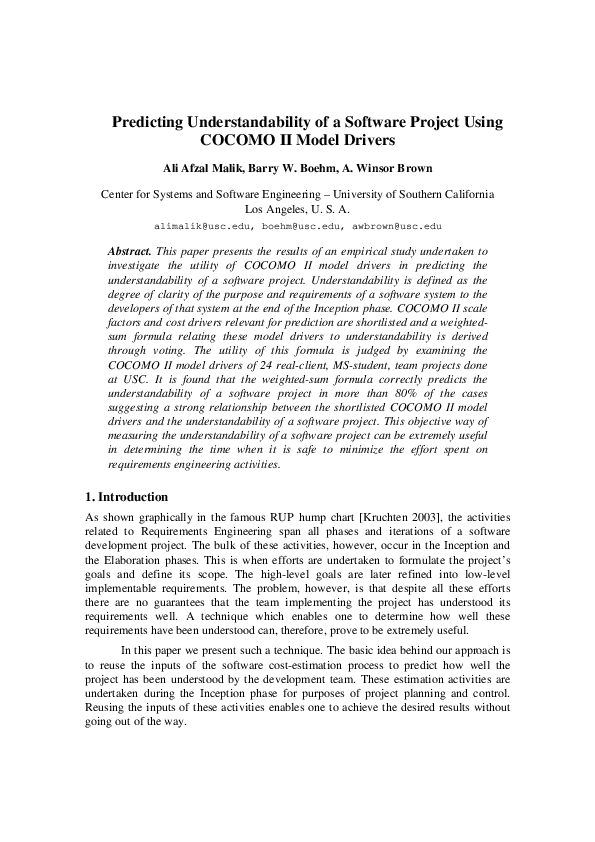 (PDF) Predicting Understandability of a Software Project Using COCOMO II Model Drivers