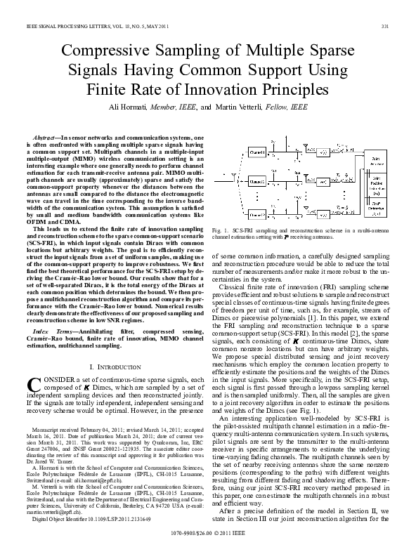 (PDF) Compressive Sampling of Multiple Sparse Signals Having Common Support Using Finite Rate of ...