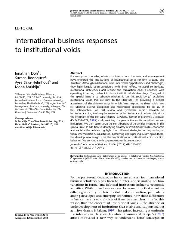 (PDF) International business responses to institutional voids