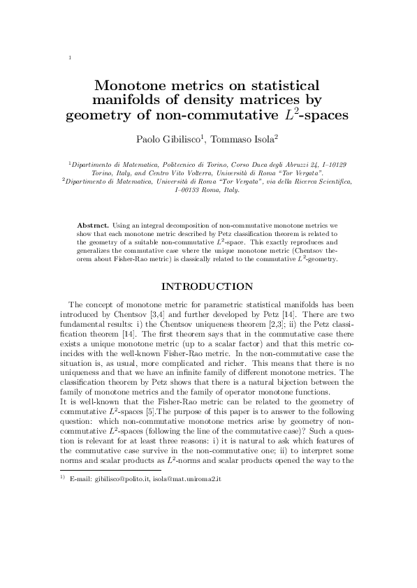 (PDF) Monotone metrics on statistical manifolds of density matrices by geometry of non ...