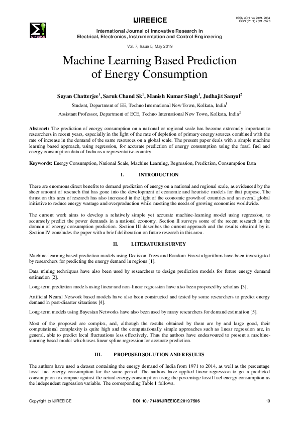 (PDF) Machine Learning Based Prediction of Energy Consumption