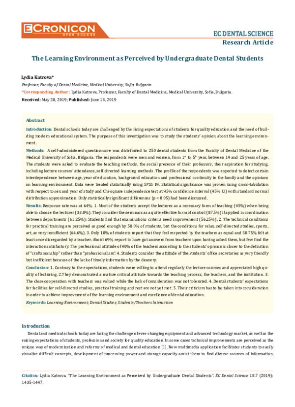 (PDF) EC DENTAL SCIENCE Research Article The Learning Environment as ...