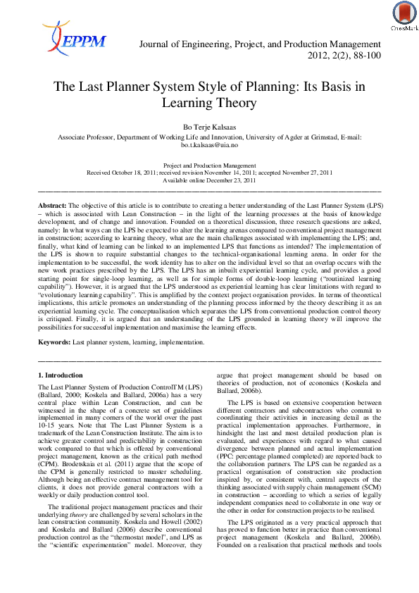 (PDF) The Last Planner System Style of Planning: Its Basis in Learning ...