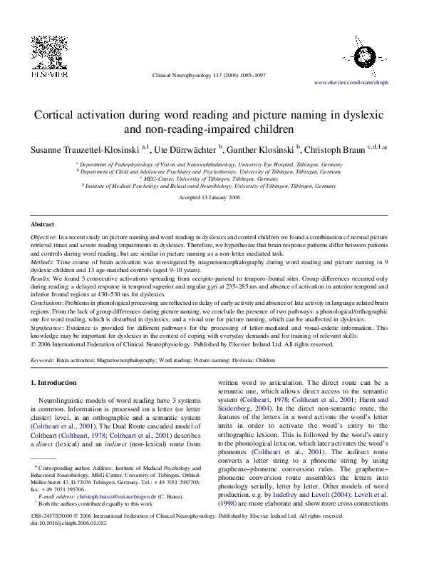 (PDF) Cortical activation during word reading and picture naming in dyslexic and non-reading ...